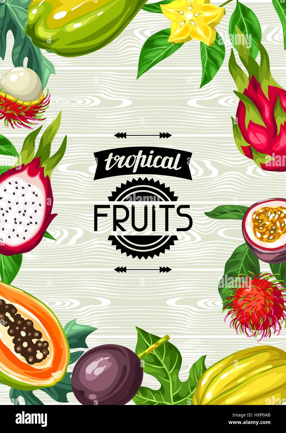 Background with exotic tropical fruits. Illustration of asian plants ...