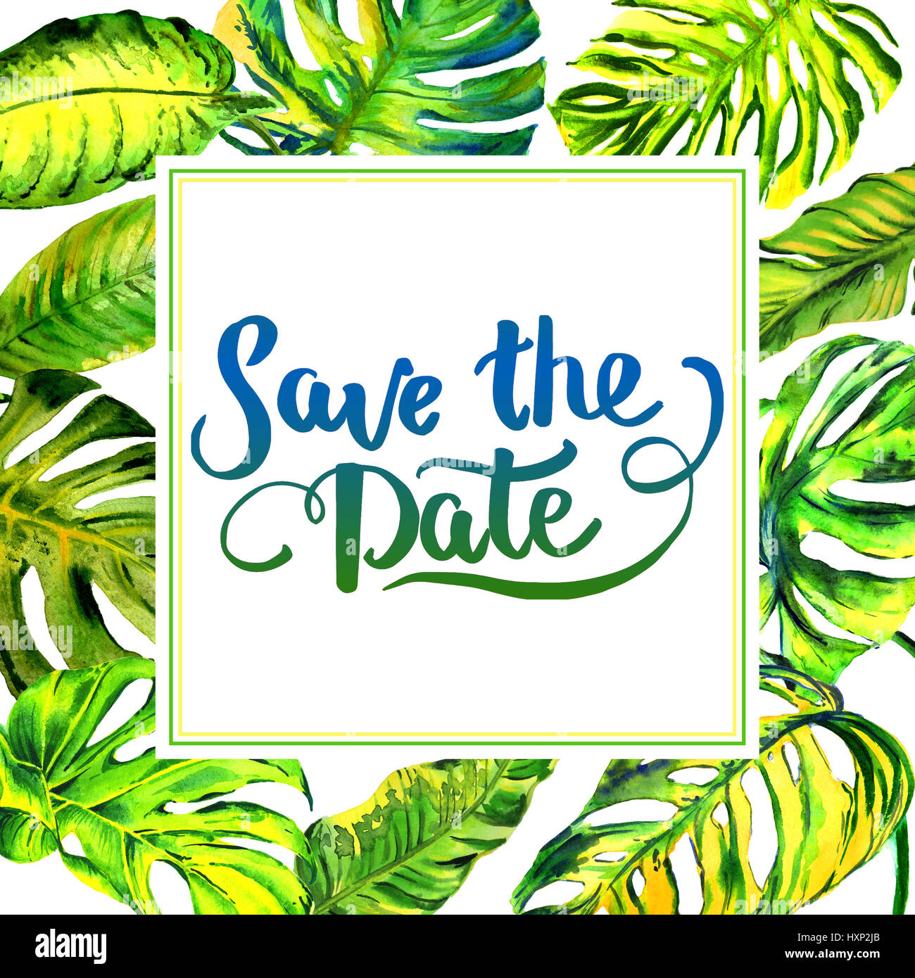 Tropical Hawaii leaves palm tree frame in a watercolor style isolated ...