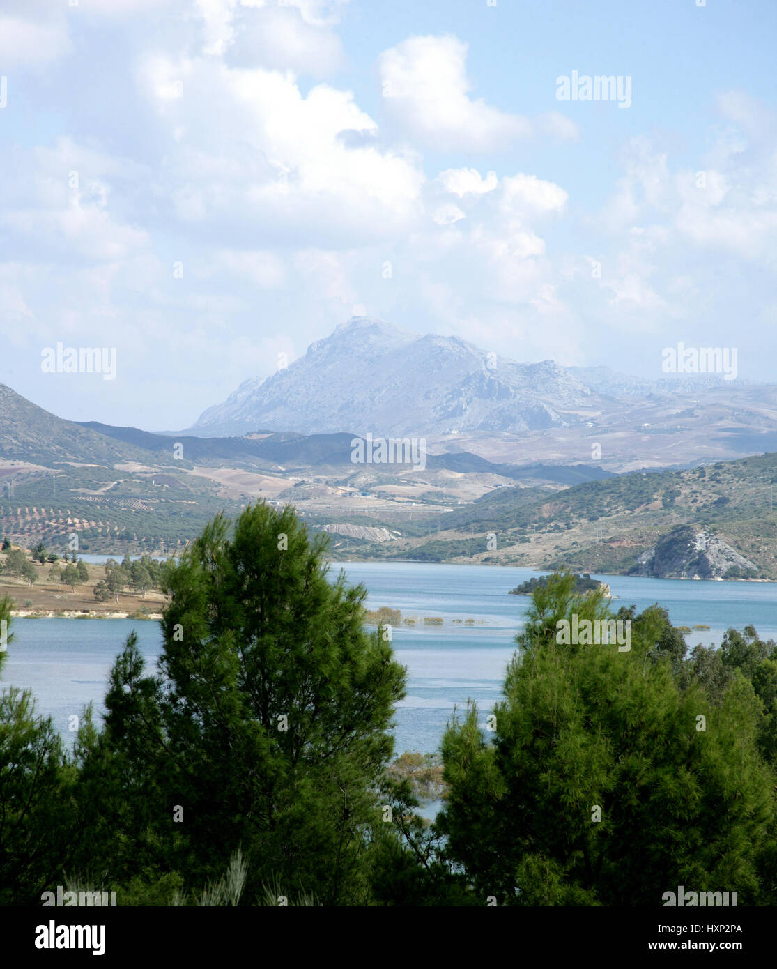 Reservoir lake and mountains near Antequera, Malaga Province, Andalusia ...