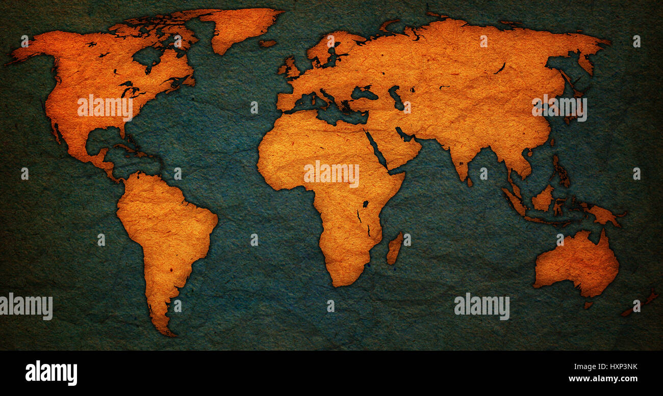 world map with continents and old vintage textures Stock Photo - Alamy