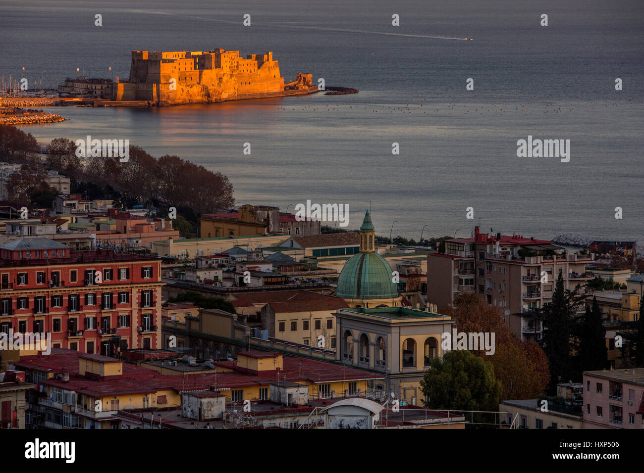 Aerial view of Naples with castle at the sunset Stock Photo - Alamy