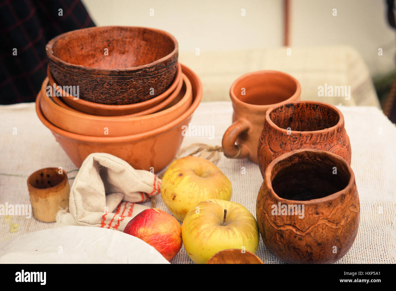 Still life from ancient clay pots. Old times life reconstruction Stock ...