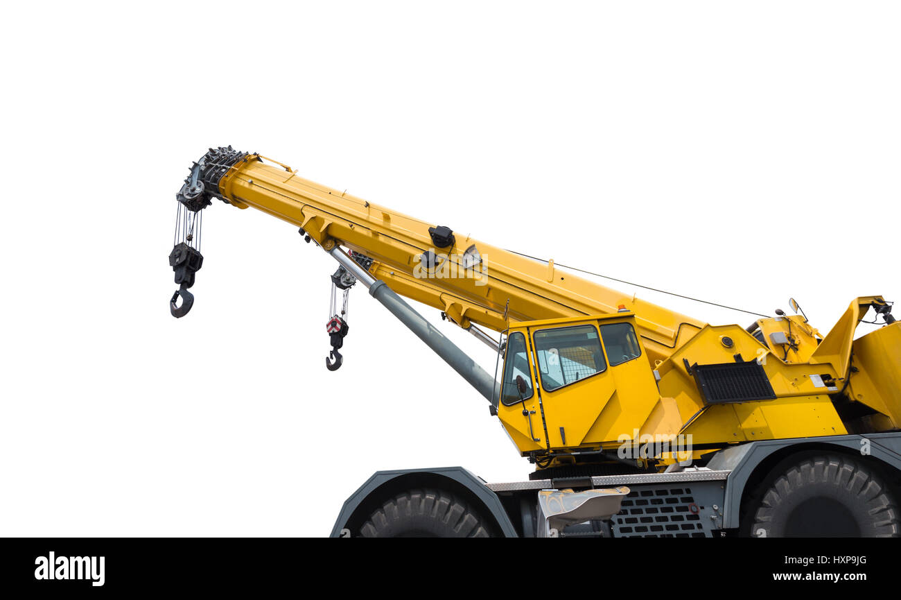 Yellow crane boom with hooks isolated on a white background with ...