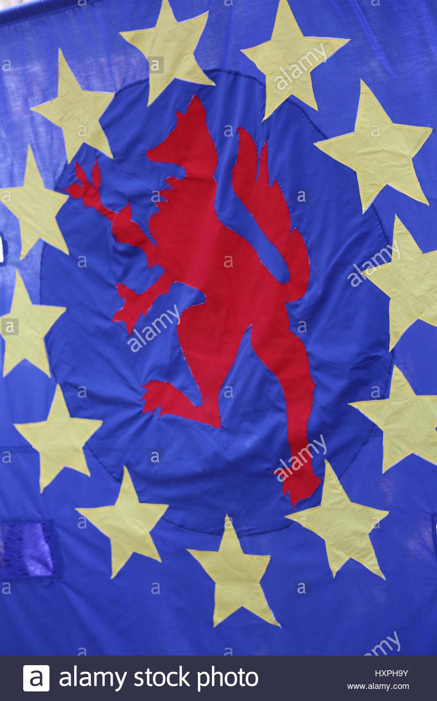 EU flag on display in London with red symbol in the middle Stock Photo ...