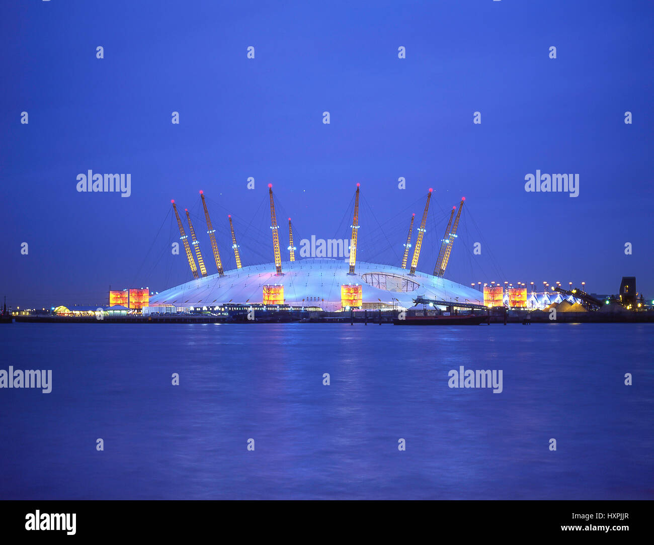 The O2 Arena across River Thames at dusk, Royal Borough of Greenwich ...