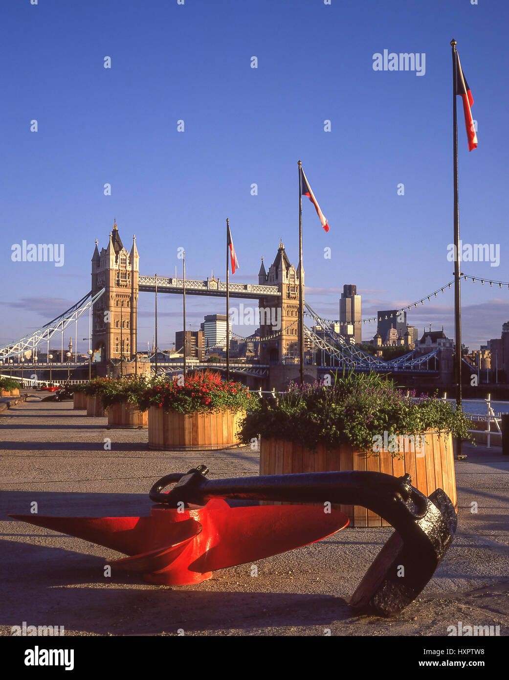 Tower Bridge at dusk from North Bank, London Borough of Tower Hamlets ...