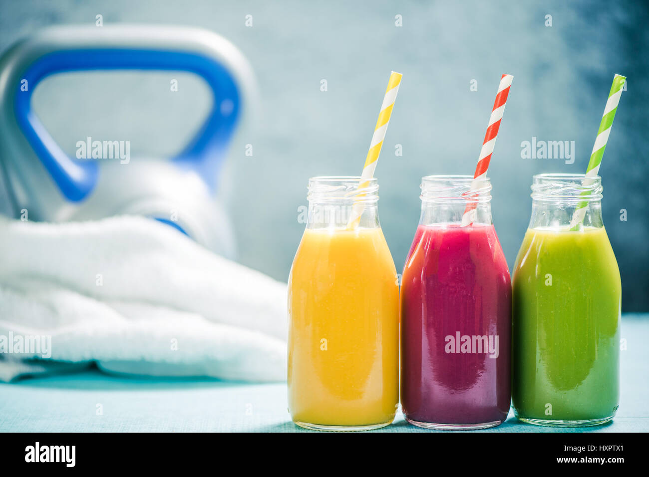 Weight loss concept, smoothies selection in glass bottles Stock Photo ...