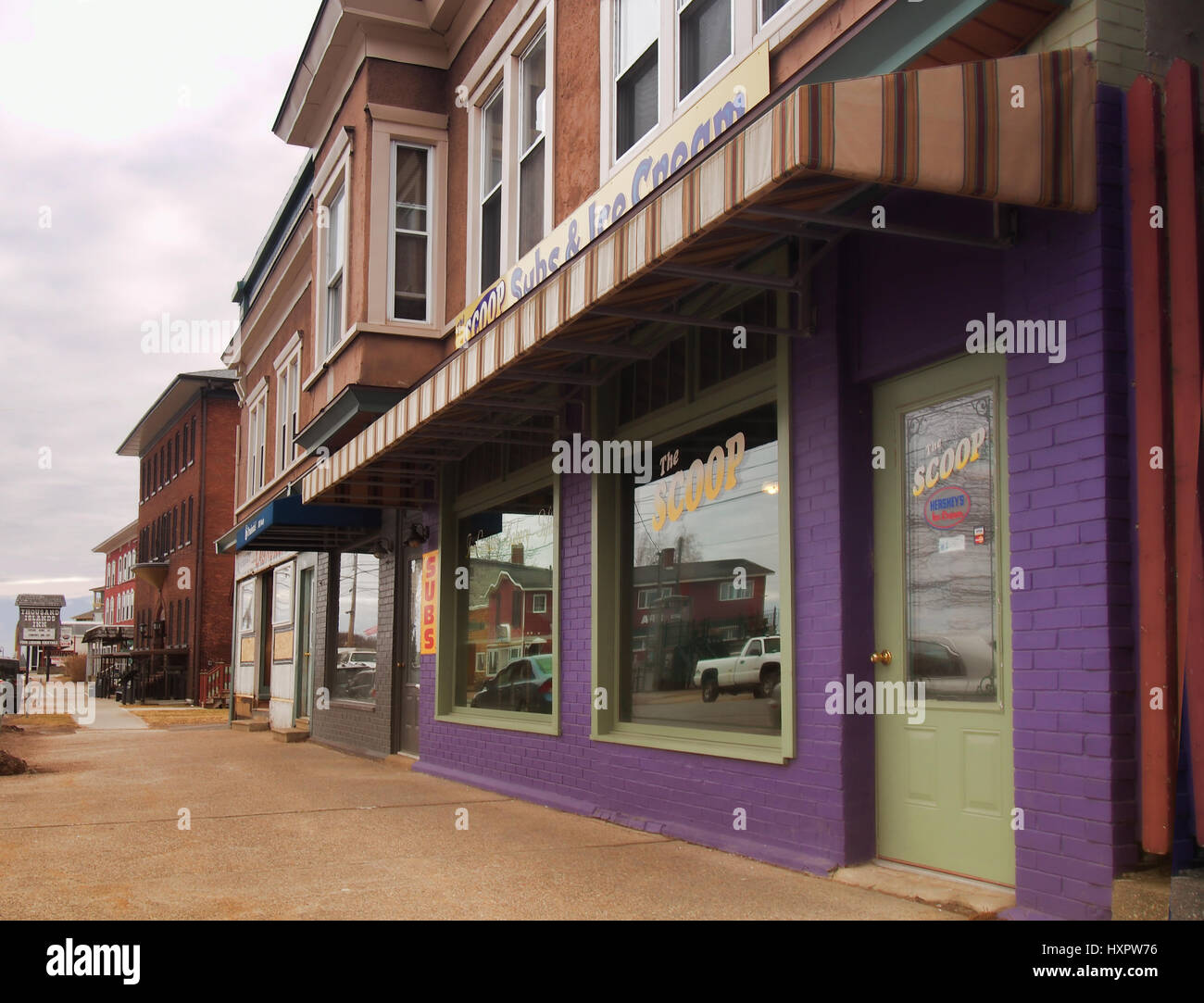 Clayton, New York, USA. March 29, 2017 . Shops in the town center of ...