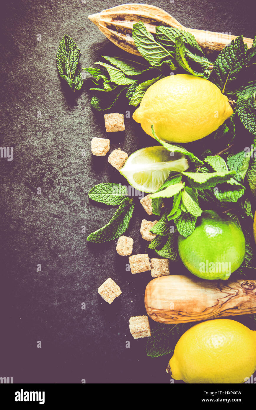 Homemade lemonade ingredients food border background, overhead view ...