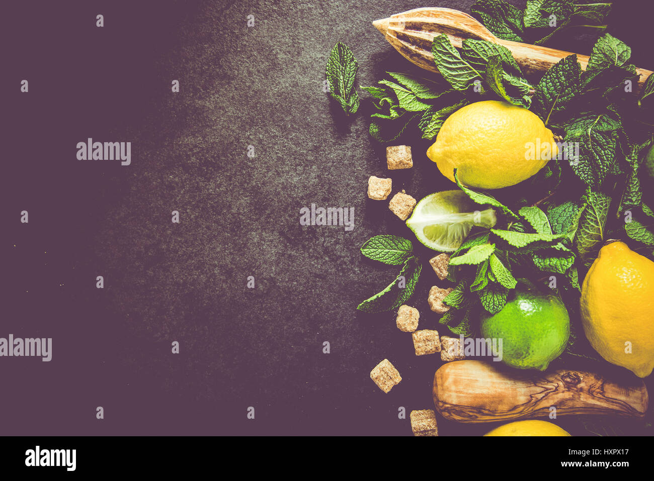 Homemade lemonade ingredients food border background, overhead view ...
