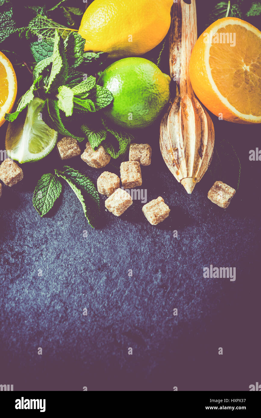 Homemade lemonade ingredients food border background, overhead view ...