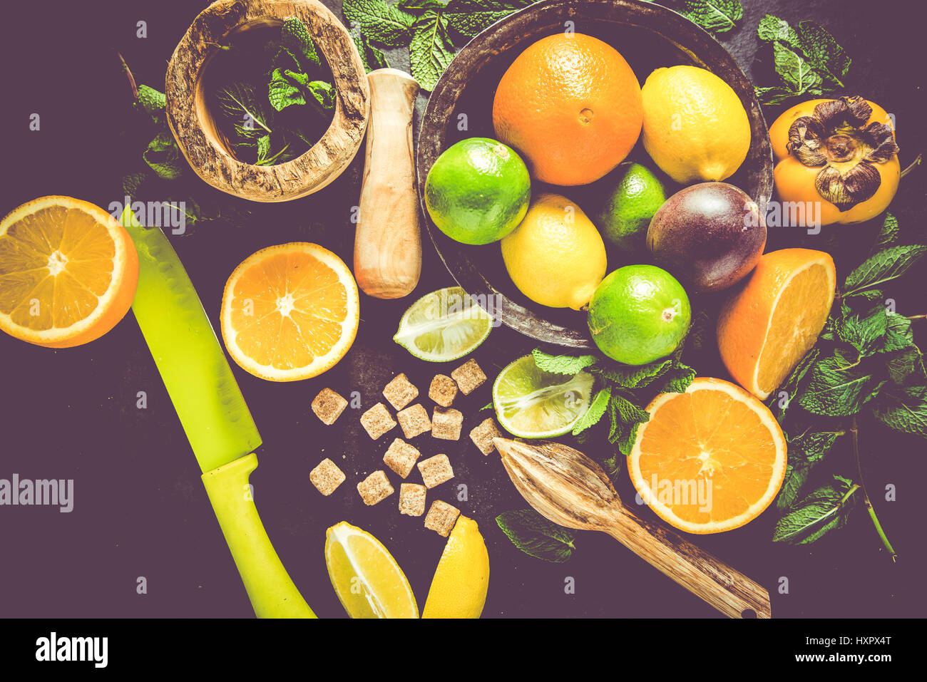 Making homemade tasty summer refreshing lemonade, overhead view Stock ...