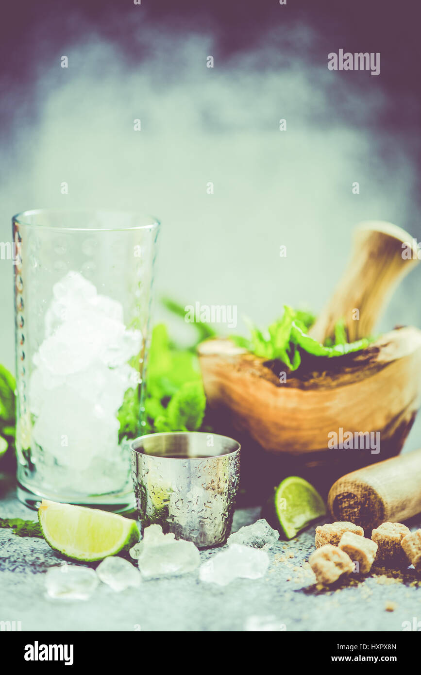 Ingredients for Cuban Mojito, mint,lime cane sugar and rum Stock Photo ...