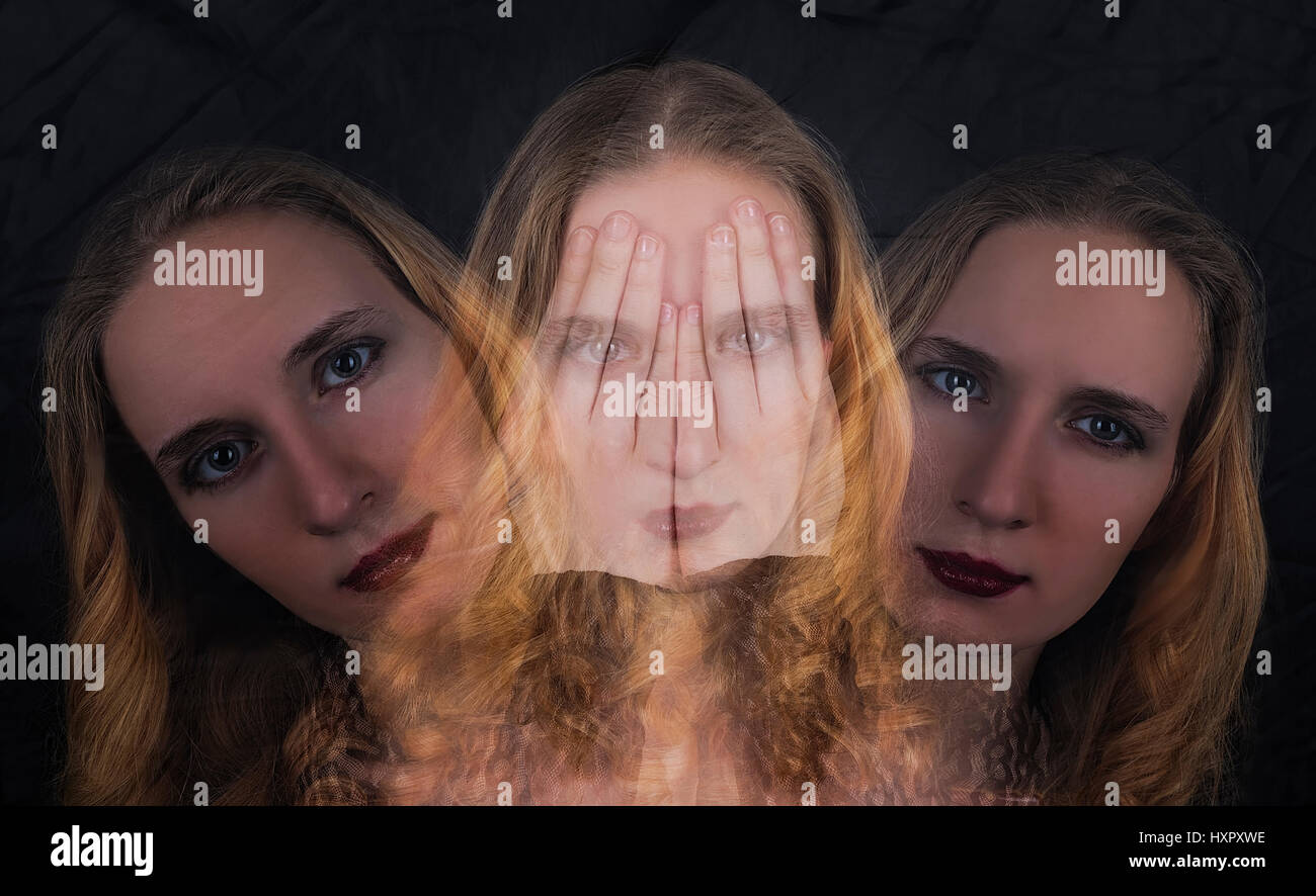 Surreal portrait of the young woman, the face is visible through the ...