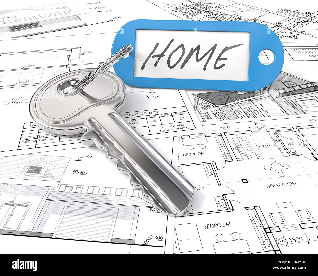 Modern Steel Key and blue plastic Tag label with the text Home ...
