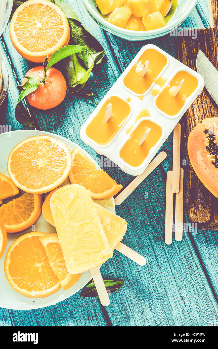 making natural homemade exotic popsicle, flat lay ingredients from ...