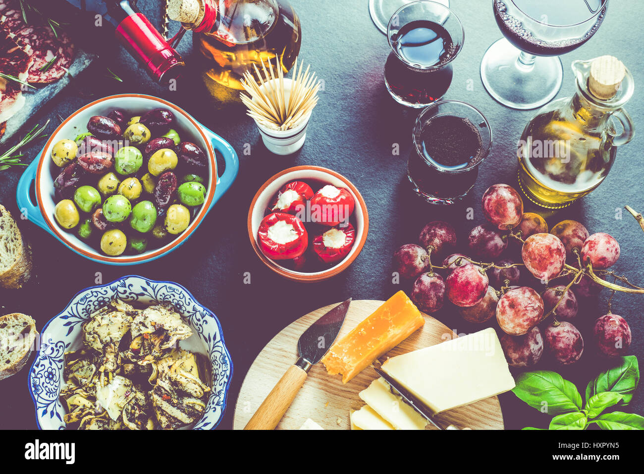 spanish tapas and red wine from above Stock Photo - Alamy