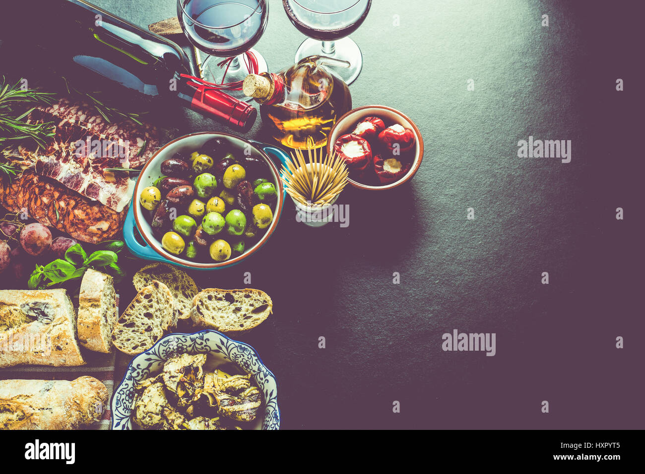 spanish tapas , food border background overhead view Stock Photo - Alamy