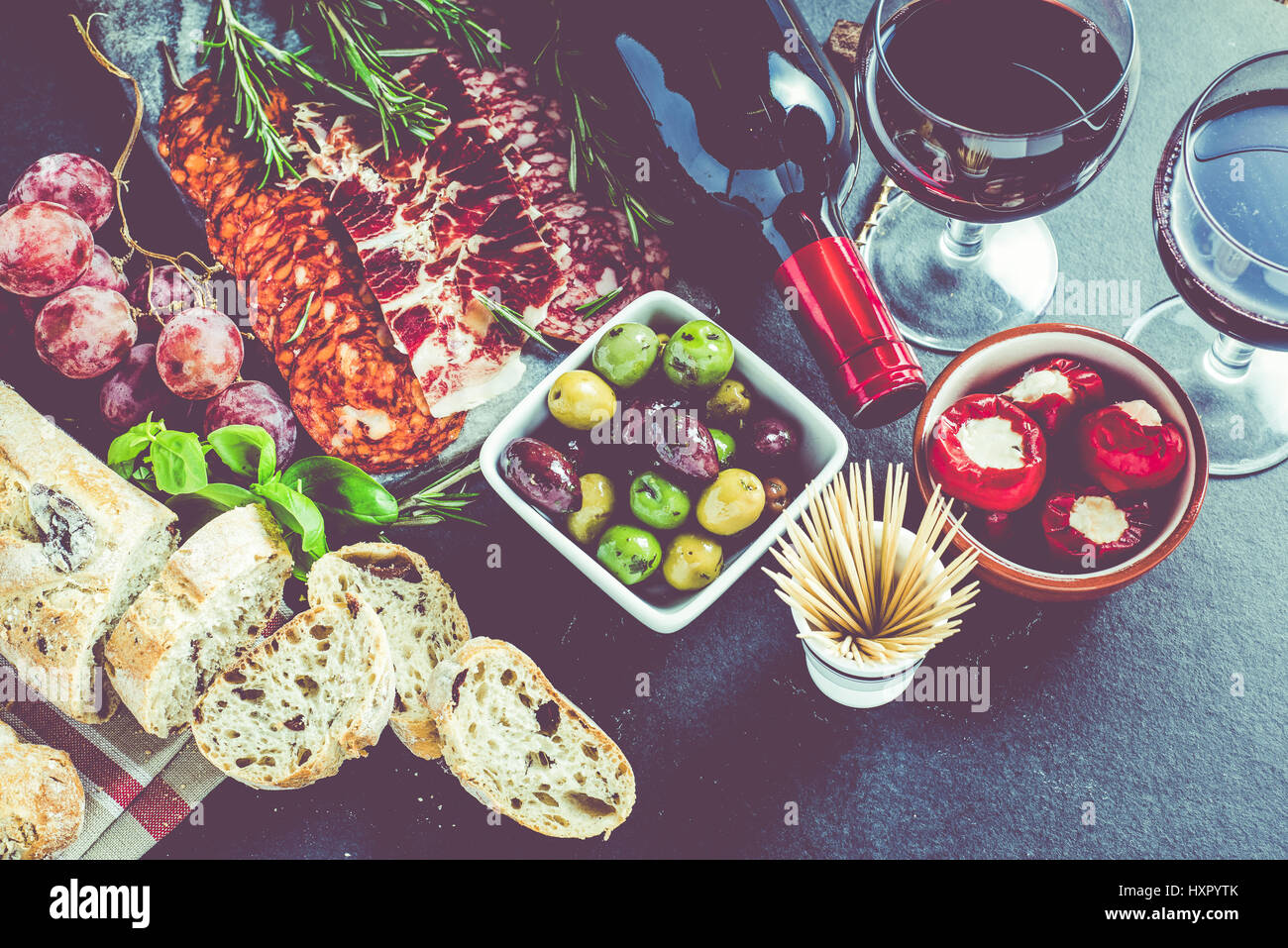 spanish tapas , food border background overhead view Stock Photo - Alamy