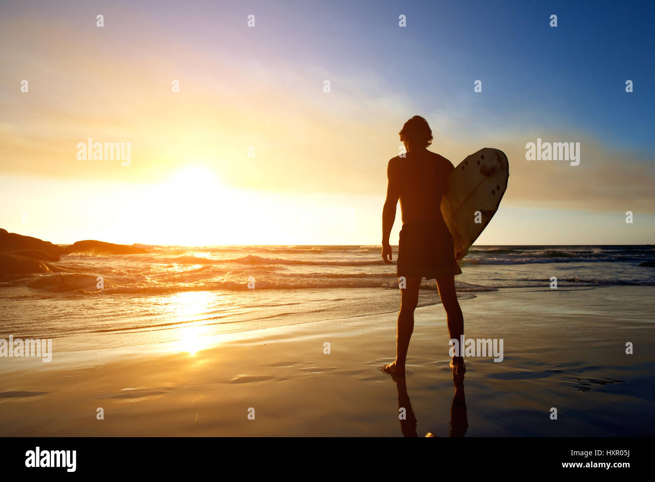 Full length portrait of back of surfer watching sunset on the beach ...