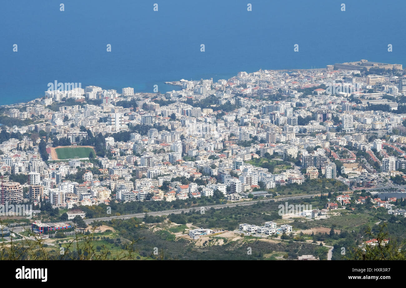 Kyrenia, (Girne) in Northern Cyprus viewed from near St Hilarion Castle ...