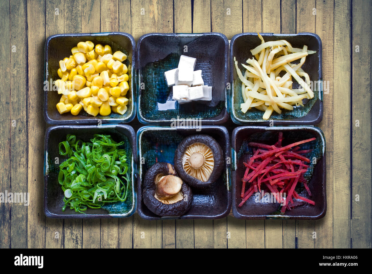 Ramen topping ingredients on a wooden background Stock Photo - Alamy