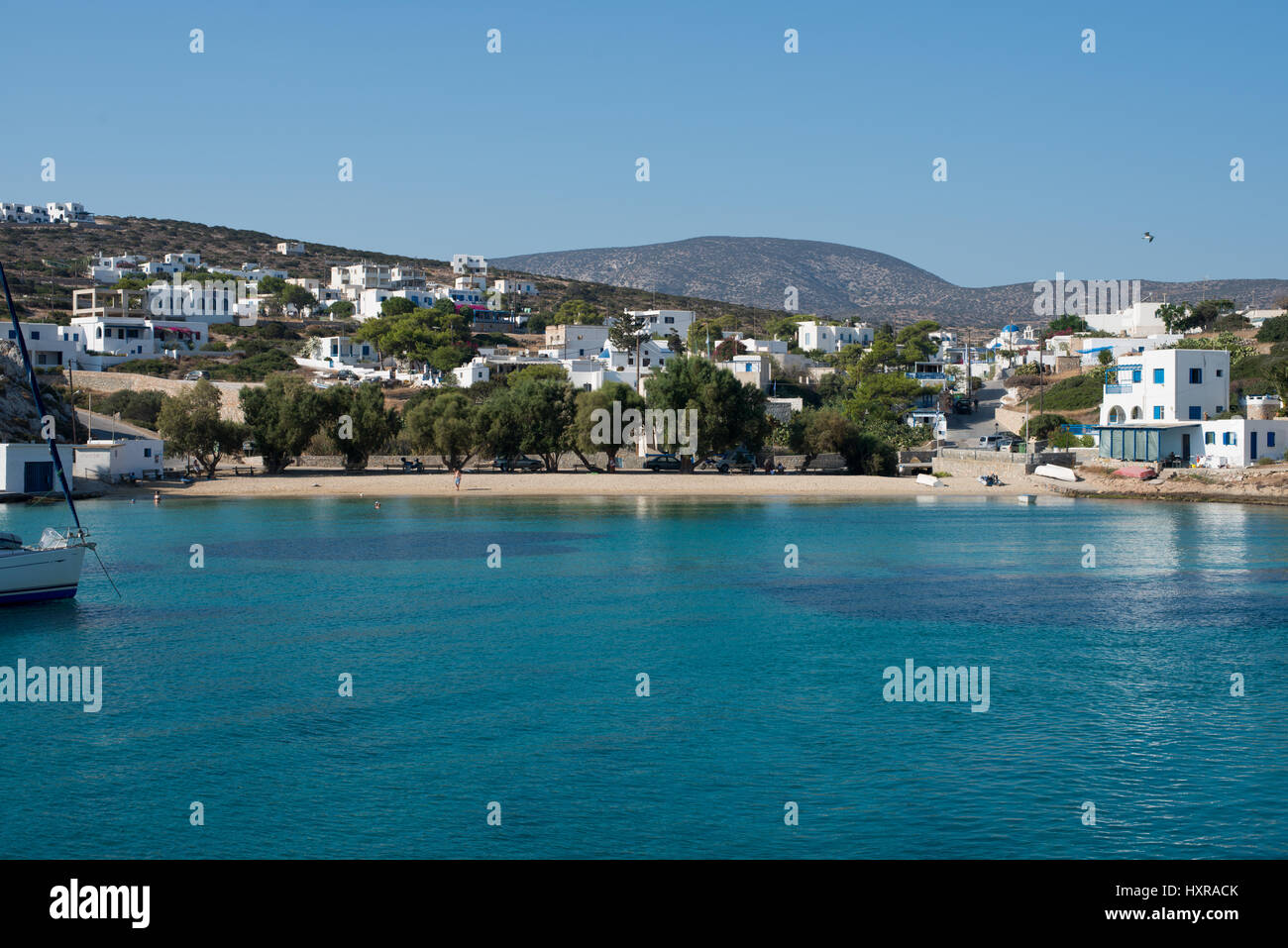 harbour of Iraklia island with the main village in the Cyclades, Greece ...
