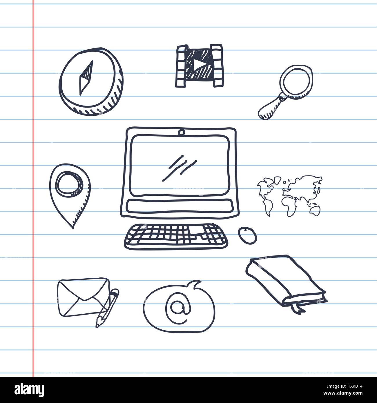 Computer technology scribble cartoons drawing vector illustration Stock ...