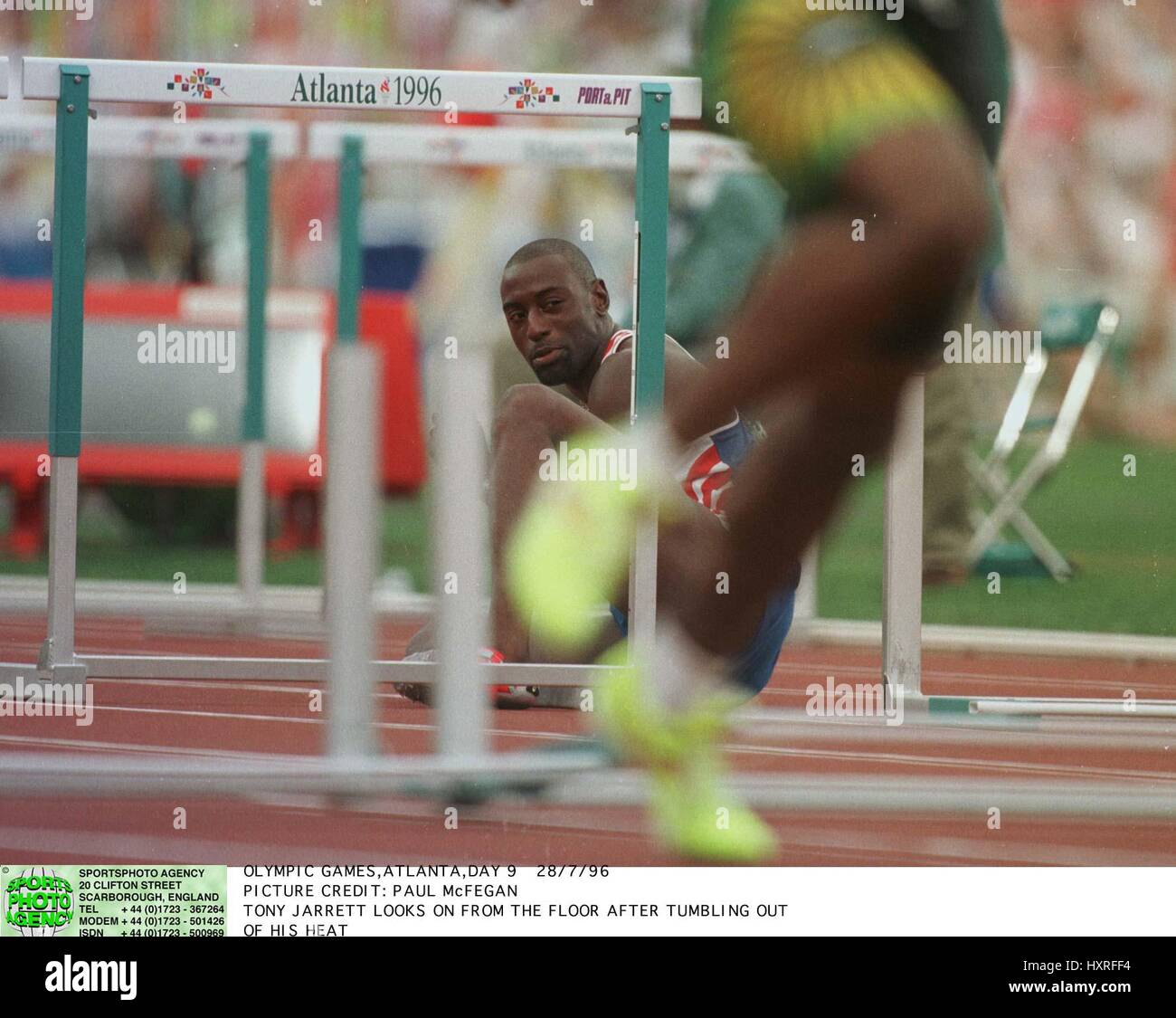 TONY JARRETT FALLS 110 METRE HURDLES ATLANTA 1996 01 August 1996 Stock ...