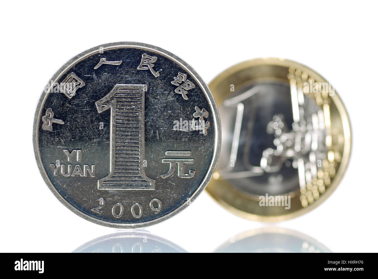 One-yuan coin (Chinese currency) before an euro-coin one, economic ...