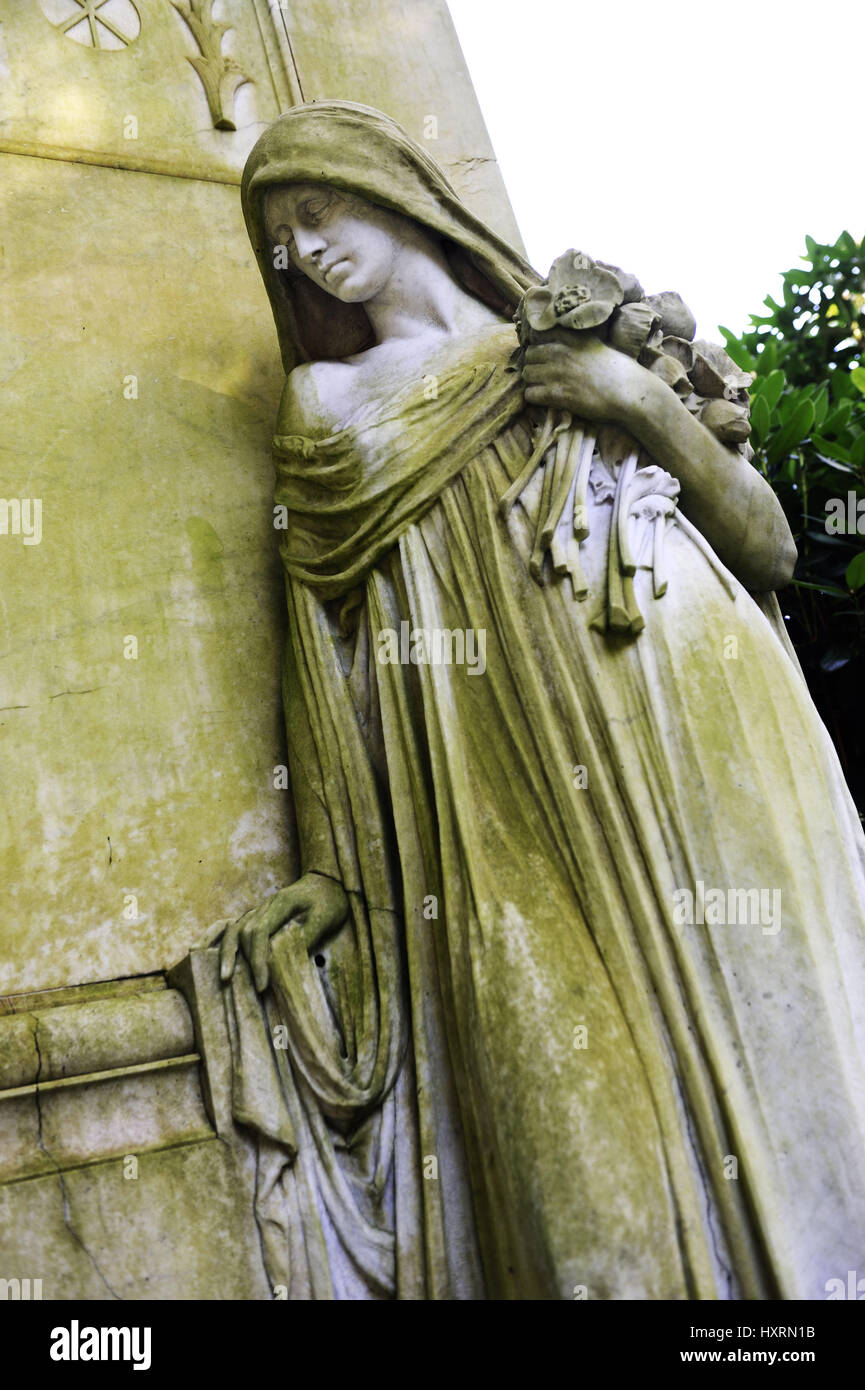 Historical statue of a mourning woman on the Ohlsdorfer cemetery in ...