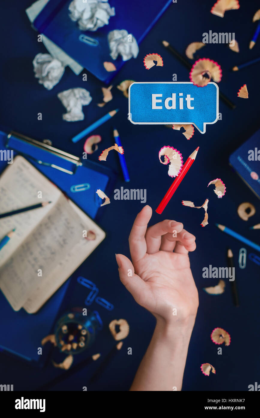 Desctop with paper context menu saying: Edit. Still life with ...