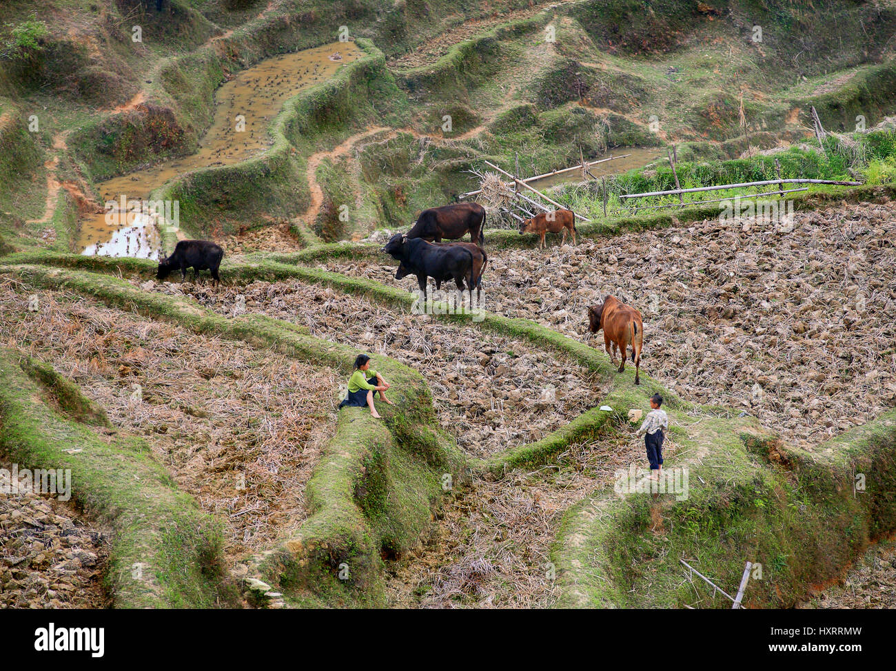 Guizhou, China - April 10, 2010: Countryside mountain China, children ...