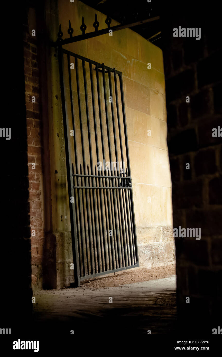 iron gate exit from a dark mysterious alleyway Stock Photo - Alamy