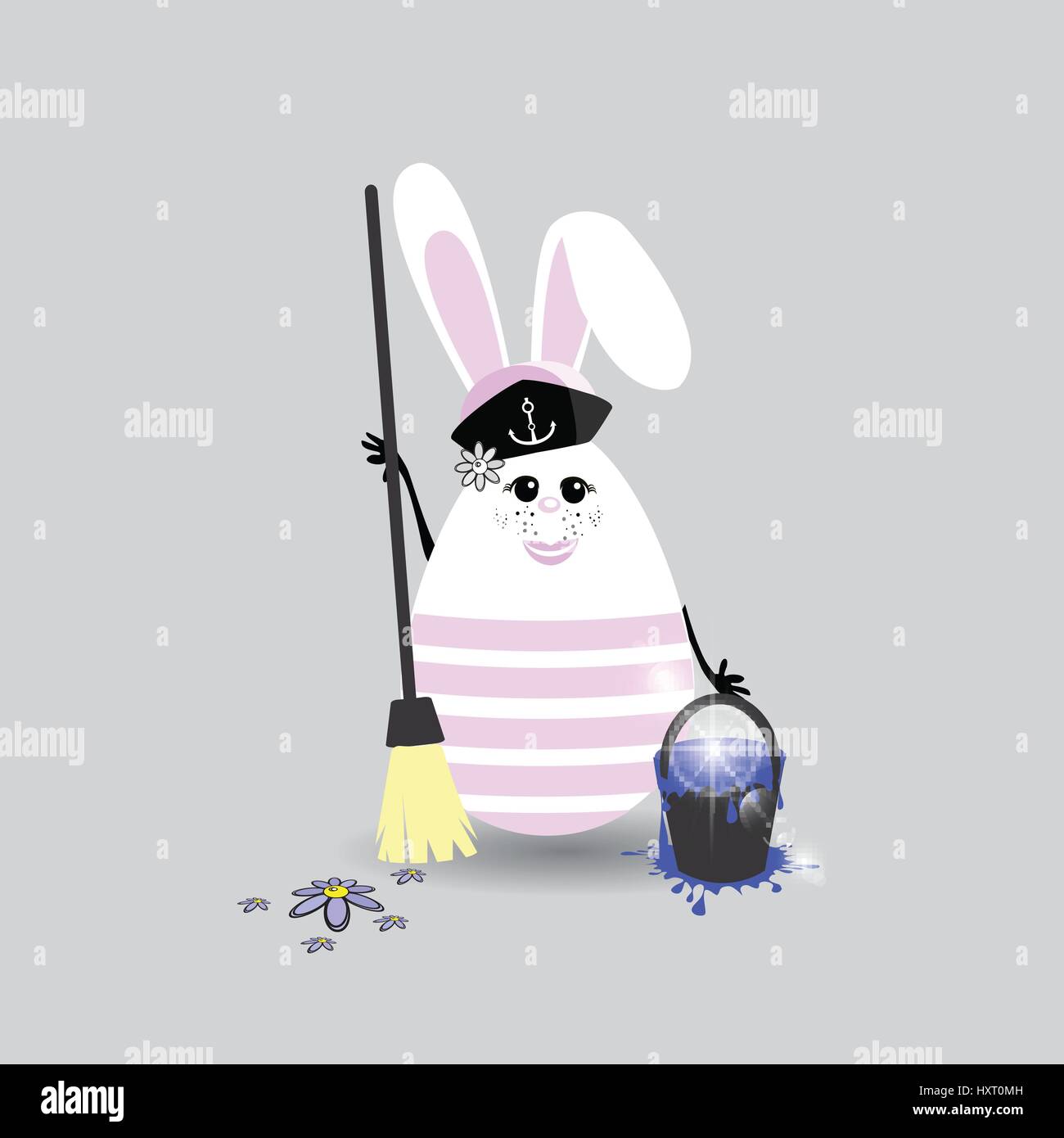Easter cartoon illustration. Cute egg - rabbit sailor girl cleaning a ...
