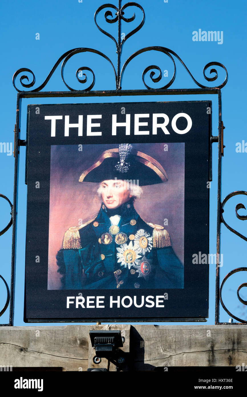 The Hero pub sign, Burnham Overy Staithe, Norfolk, England, UK Stock ...