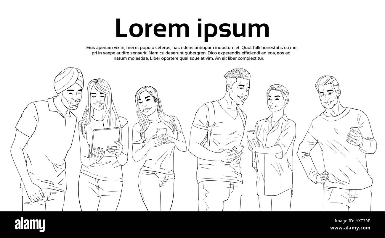 Mix Race People Group Using Cell Smart Phone Chatting Online Sketch ...