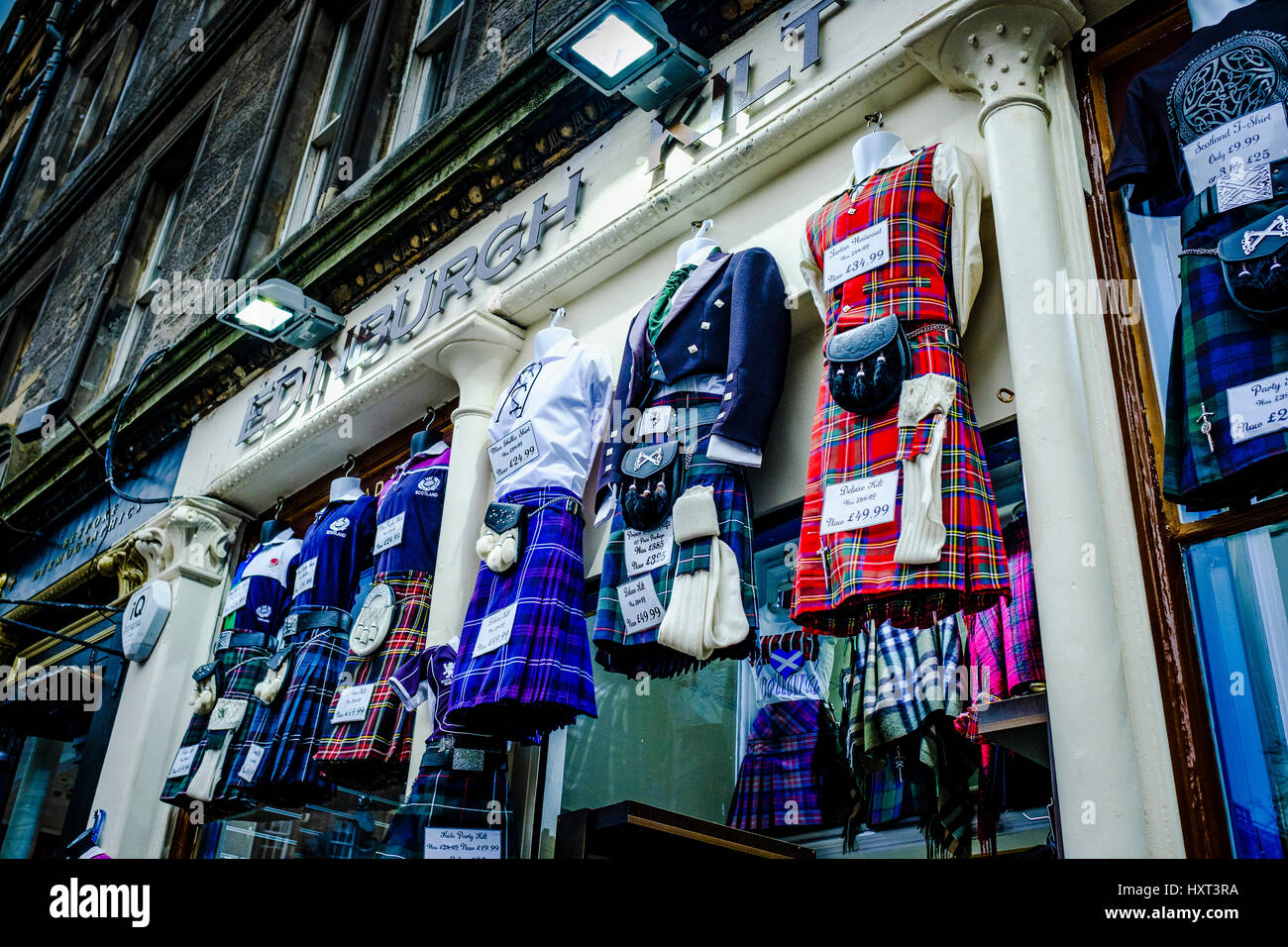 Kilts hanging outside a tourist shop in the Grassmarket in Edinburgh ...