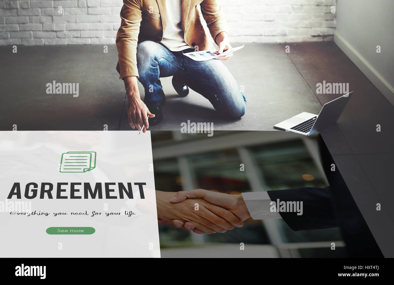 Agreement word on business handshake background Stock Photo - Alamy