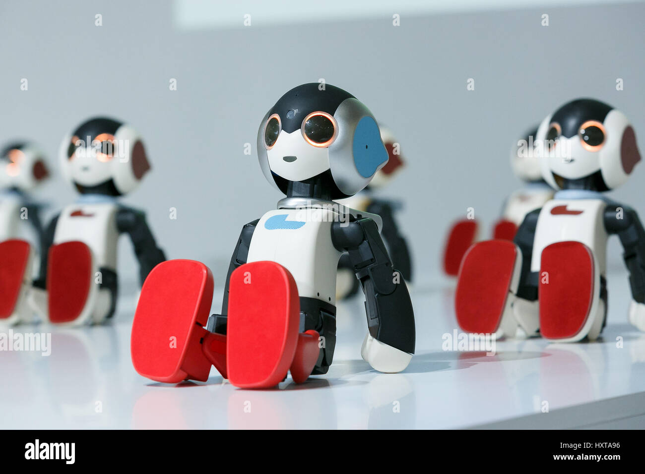 Tokyo, Japan. 30th March 2017. Robi robots on display during a media ...