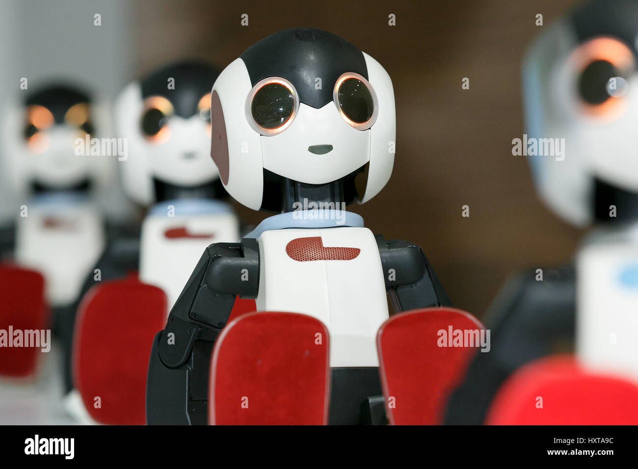 Tokyo, Japan. 30th March 2017. Robi robots on display during a media ...