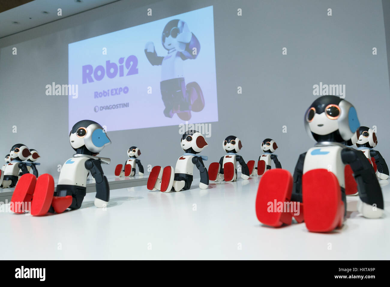 Tokyo, Japan. 30th March 2017. Robi robots on display during a media ...