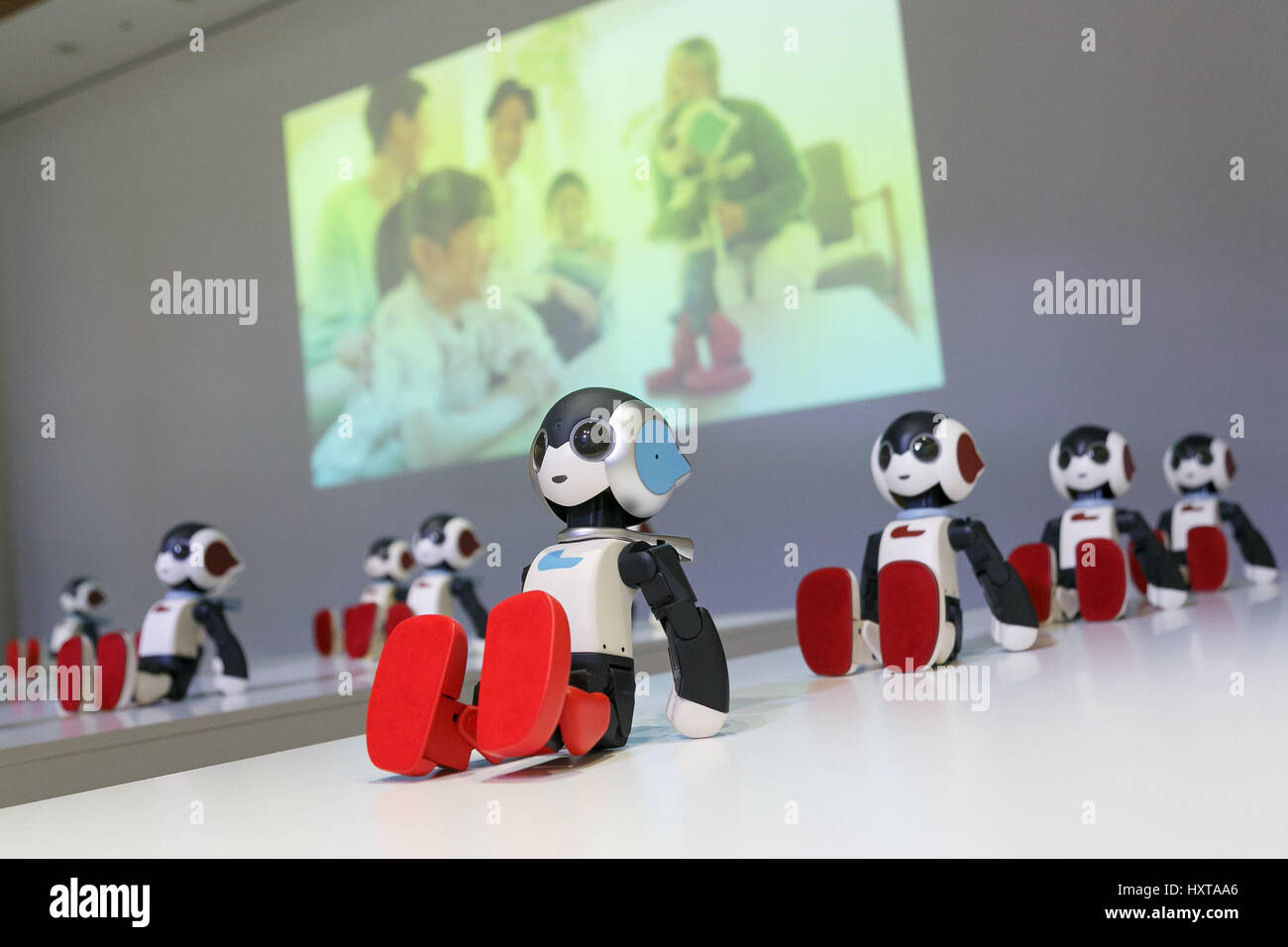 Tokyo, Japan. 30th March 2017. Robi robots on display during a media ...