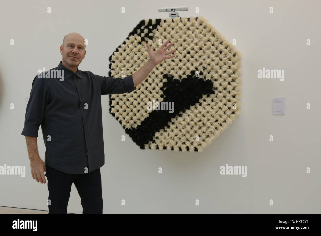 London, UK. 30th Mar, 2017. Daniel Rozin next to his reactive work Pom ...