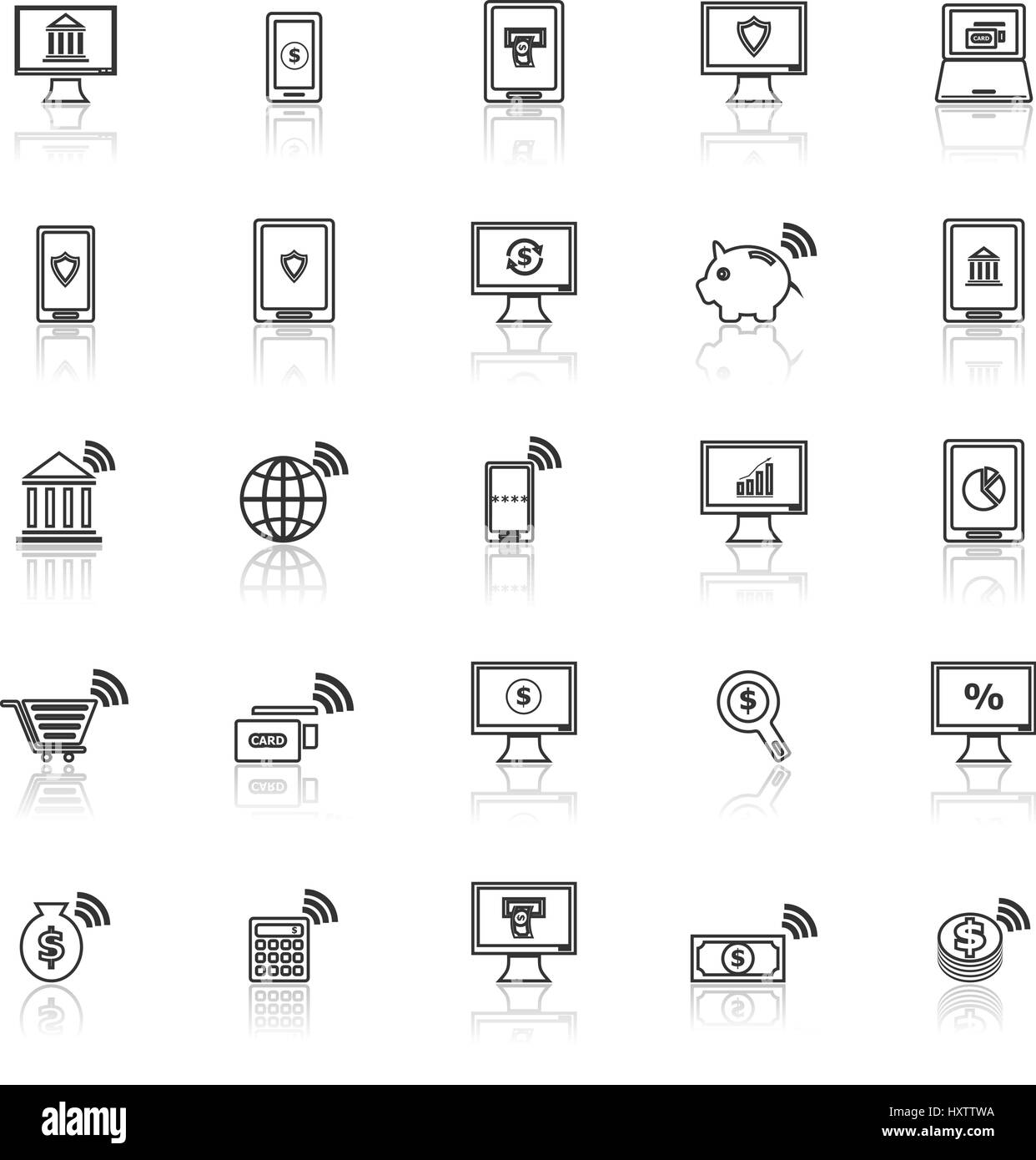 Online banking line icons with reflect on white background, stock ...