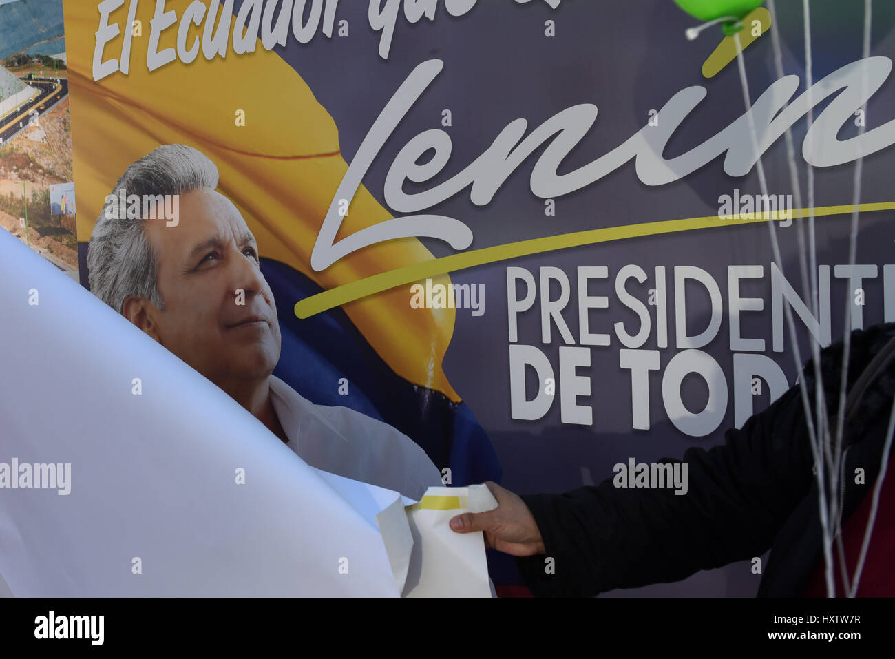 Madrid, Spain. 29th Mar, 2017. A banner with the face of Lenin Moreno ...