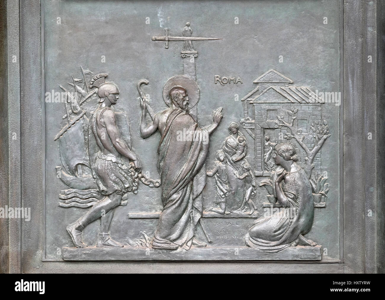 Bronze door with the image of the life of St. Paul: Paul reaches Rome ...