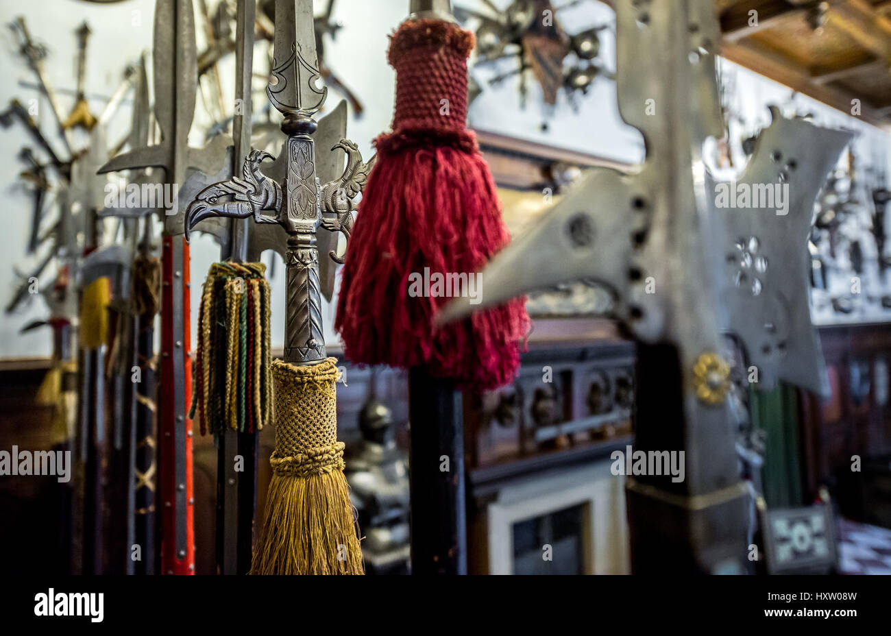 Weapon in Grand Armory Hall in Peles Palace, former royal castle, built ...