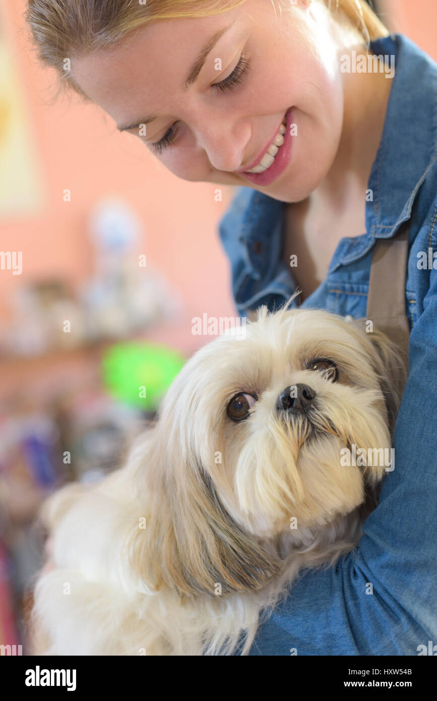 Woman with pet dog Stock Photo - Alamy