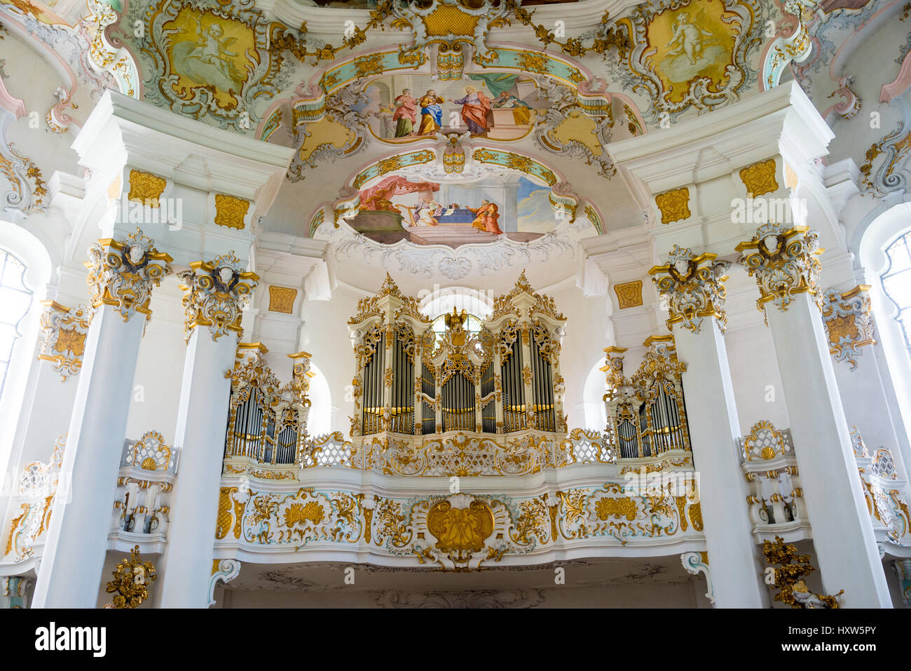 Steingaden, Germany - June 5, 2016: The pipe organ in Pilgrimage Church ...